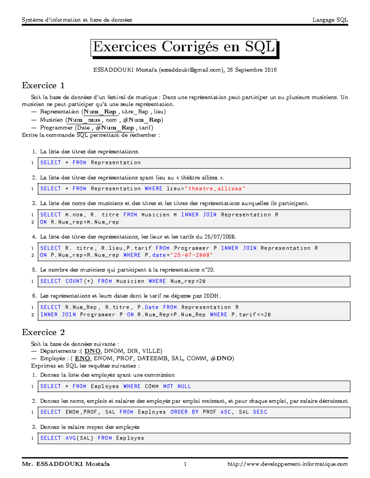 Pdfcoffee - database - Exercices Corrigés en SQL ESSADDOUKI Mostafa (essaddouki@gmail), 26 ...