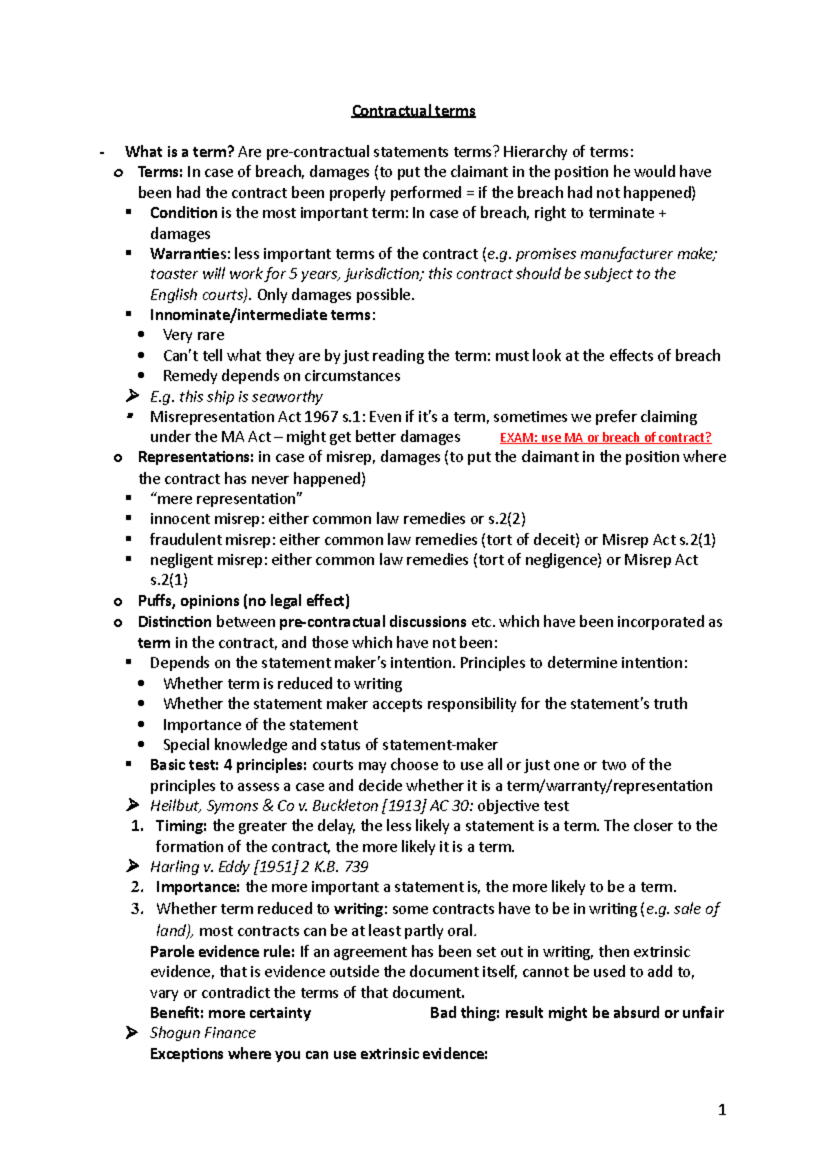 Contractual Terms Detailed Lecture Notes - Contractual terms - What is ...