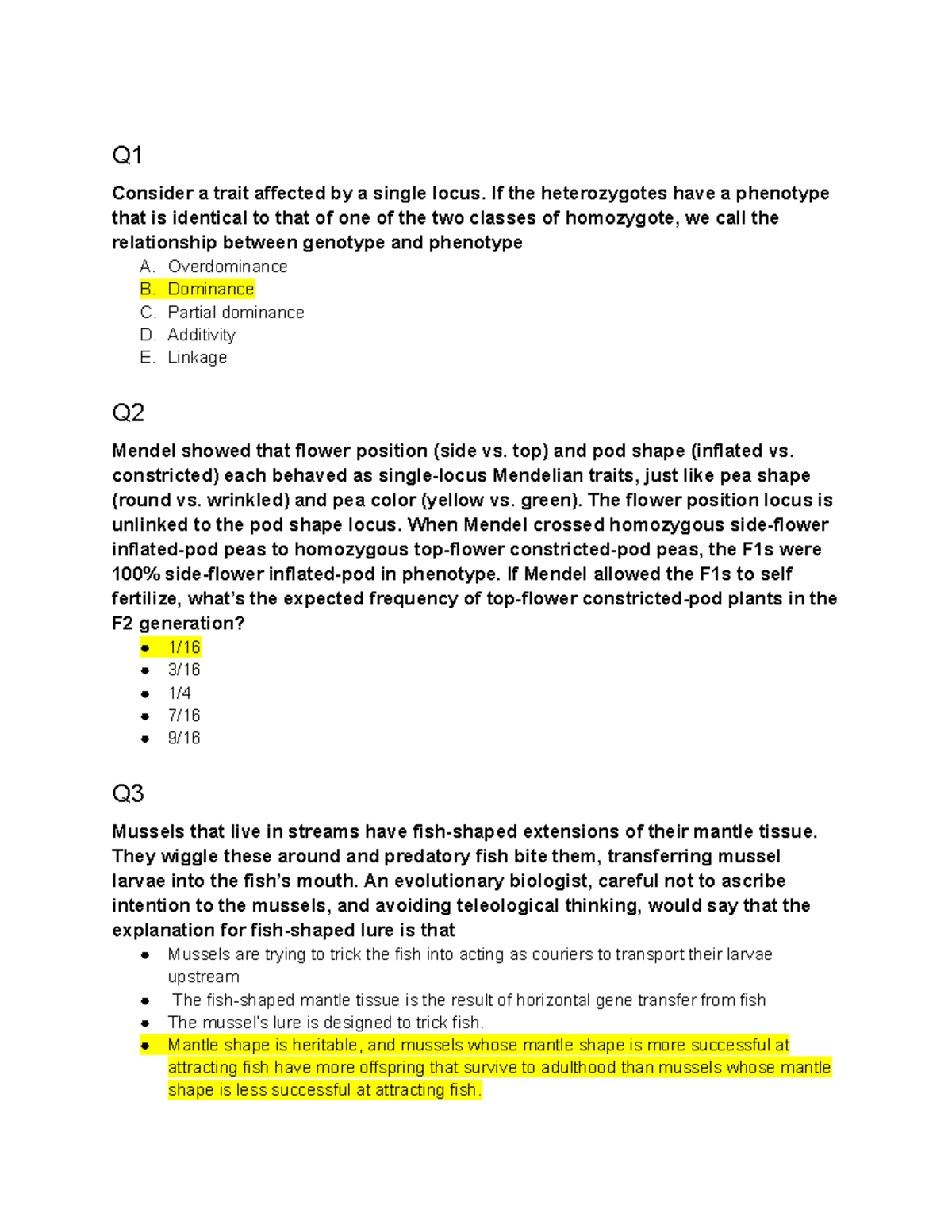 (Key) POB 2 Practice Exam 1 - Q Consider a trait affected by a single ...