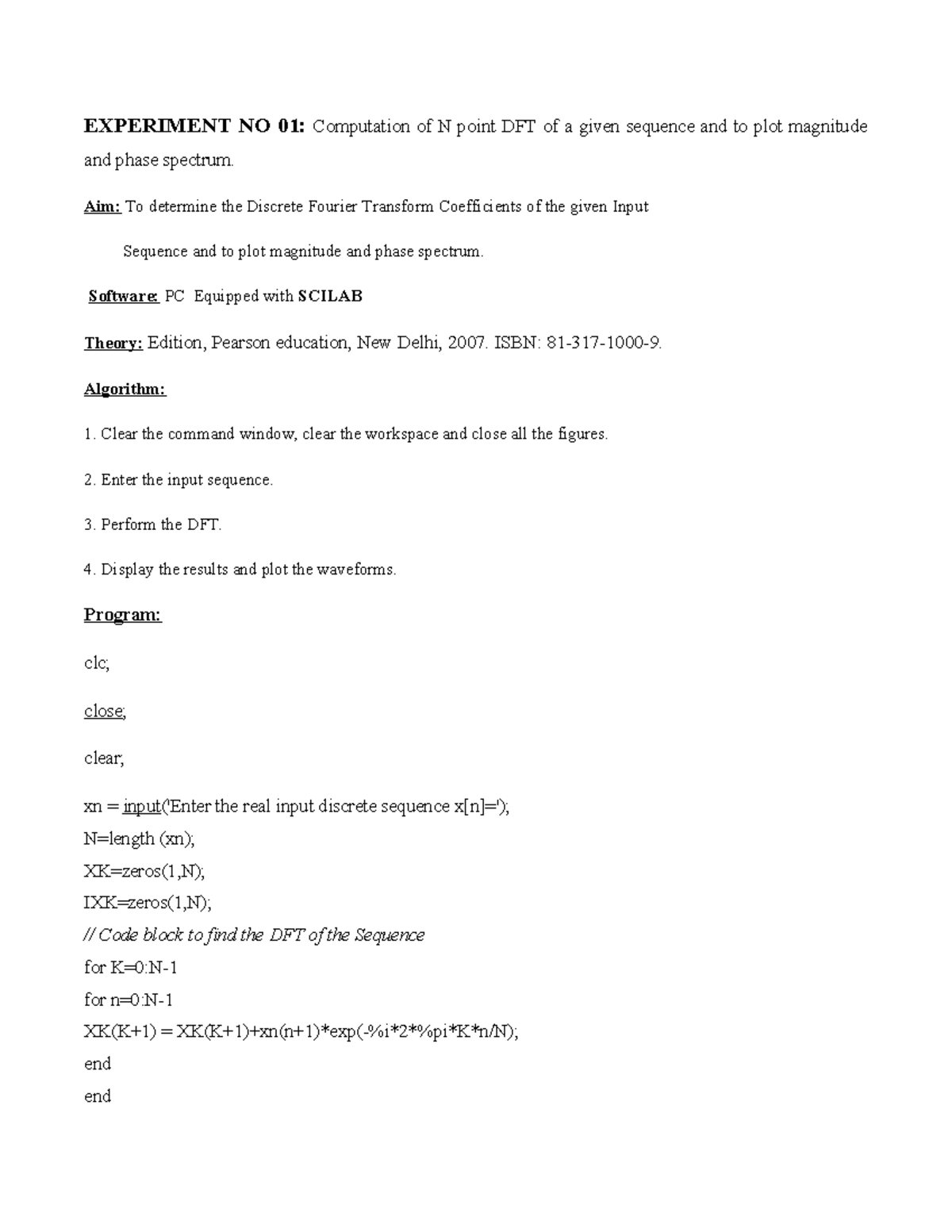 Experiment No 01 Dsp Notes Experiment No 01 Computation Of N Point
