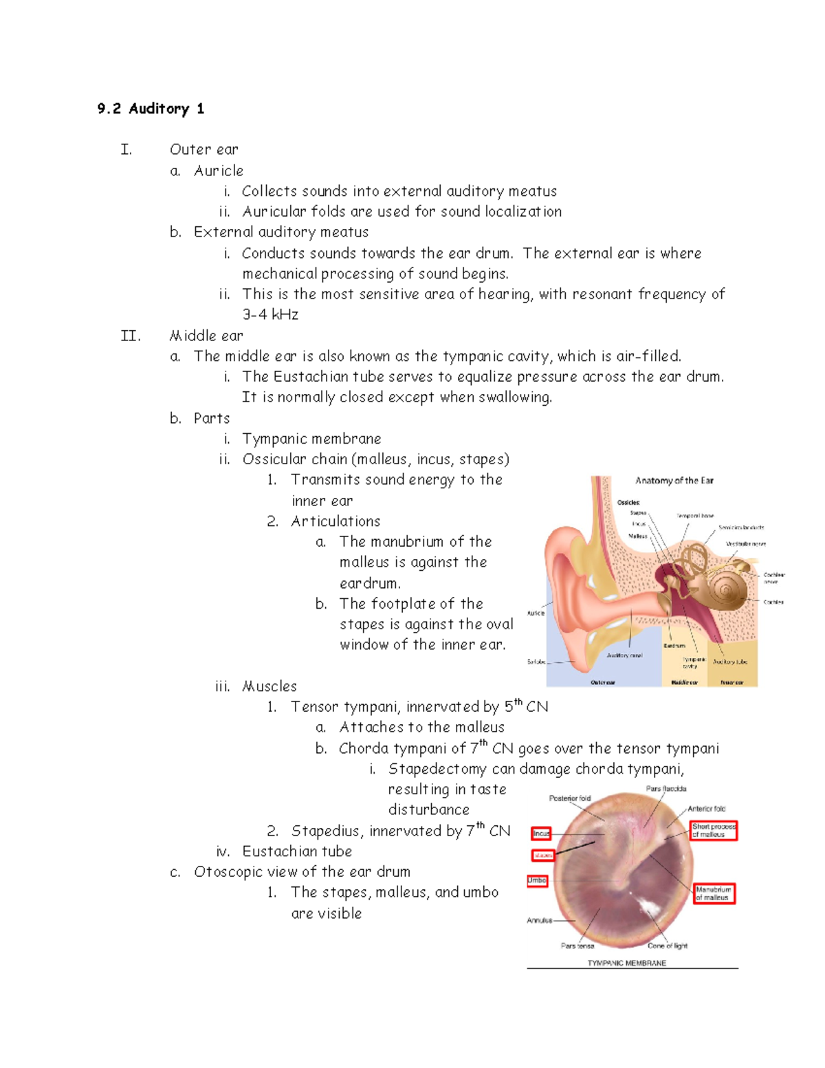 Neurology Block 2 notes - 9 Auditory 1 I. II. Outer ear a. Auricle i ...