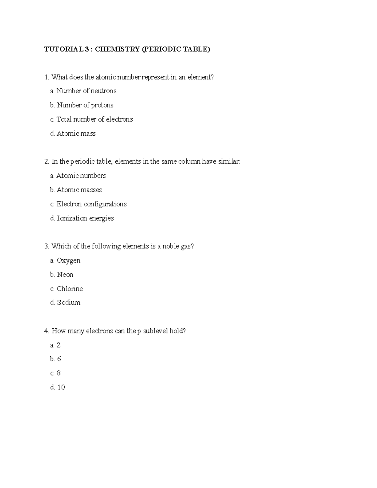 Tutorial 3 Chemistry Periodic Table - TUTORIAL 3 : CHEMISTRY (PERIODIC ...