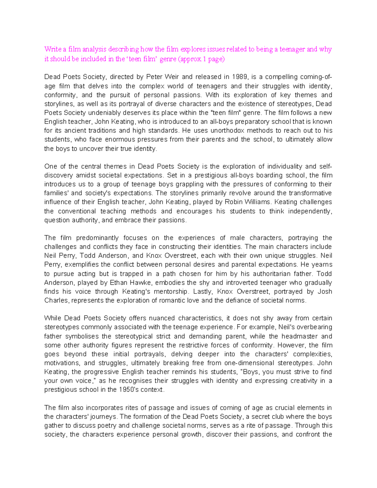 Dead Poets Society film analysis - Write a film analysis describing how ...