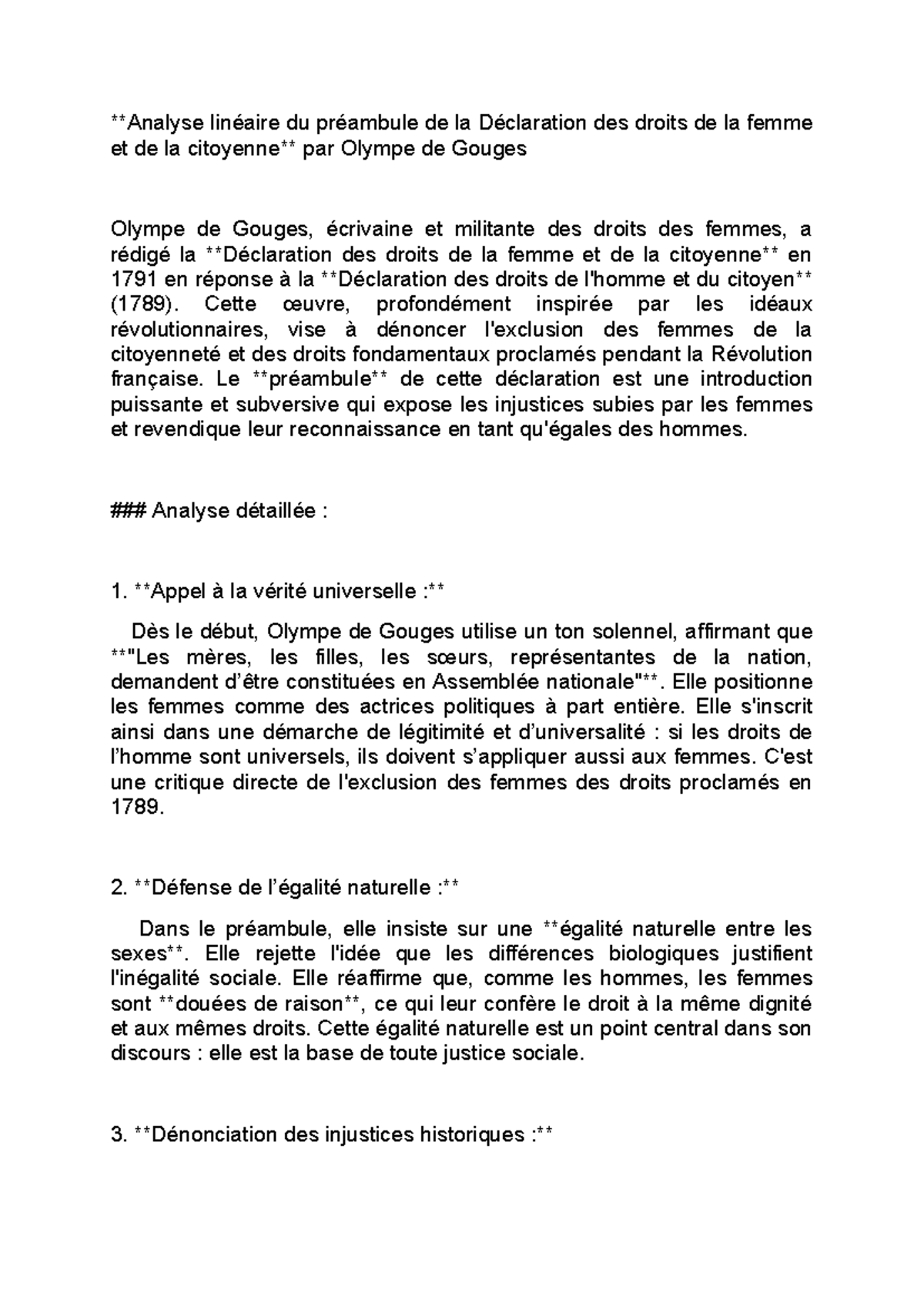 Analyse linéaire du préambule de la Déclaration des droits de la femme ...
