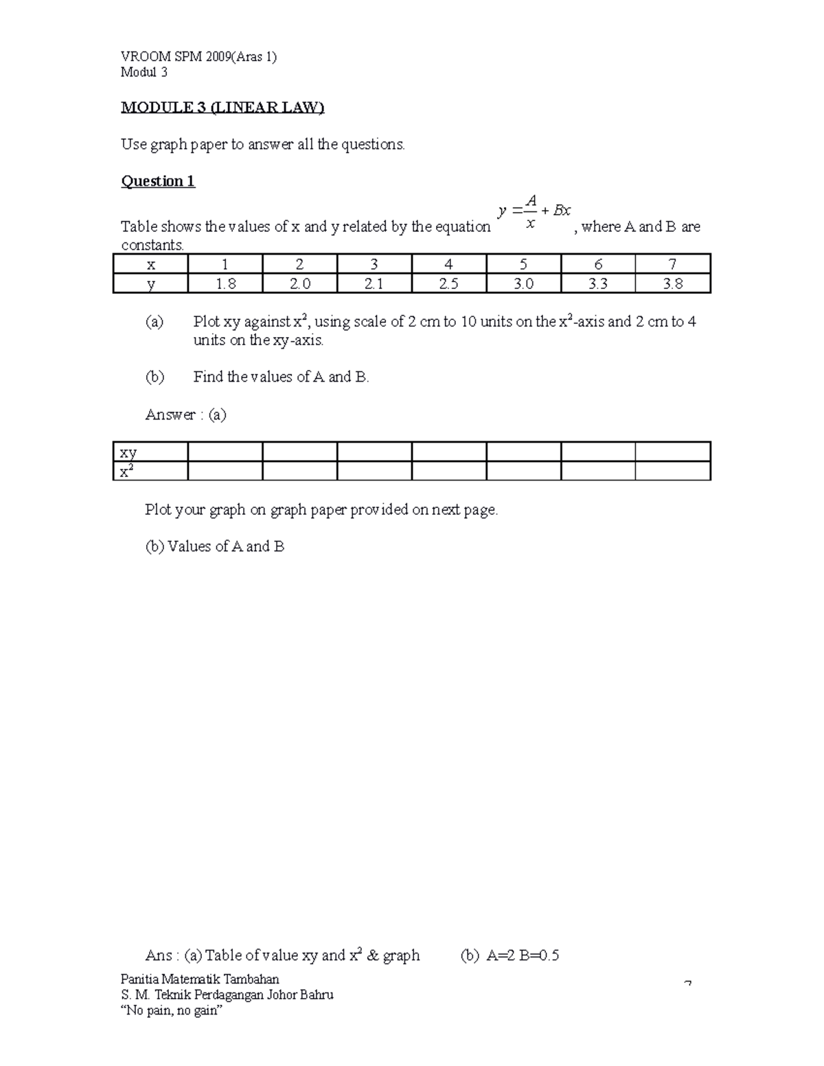 Linear law - exe - Modul 3 MODULE 3 (LINEAR LAW) Use graph paper to ...