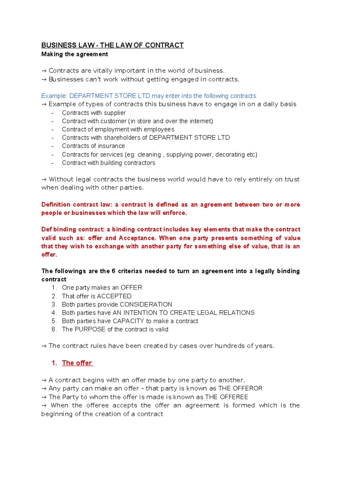 Contract Law - lecture 1 - BUSINESS LAW - THE LAW OF CONTRACT Making the agreement → Contracts ...