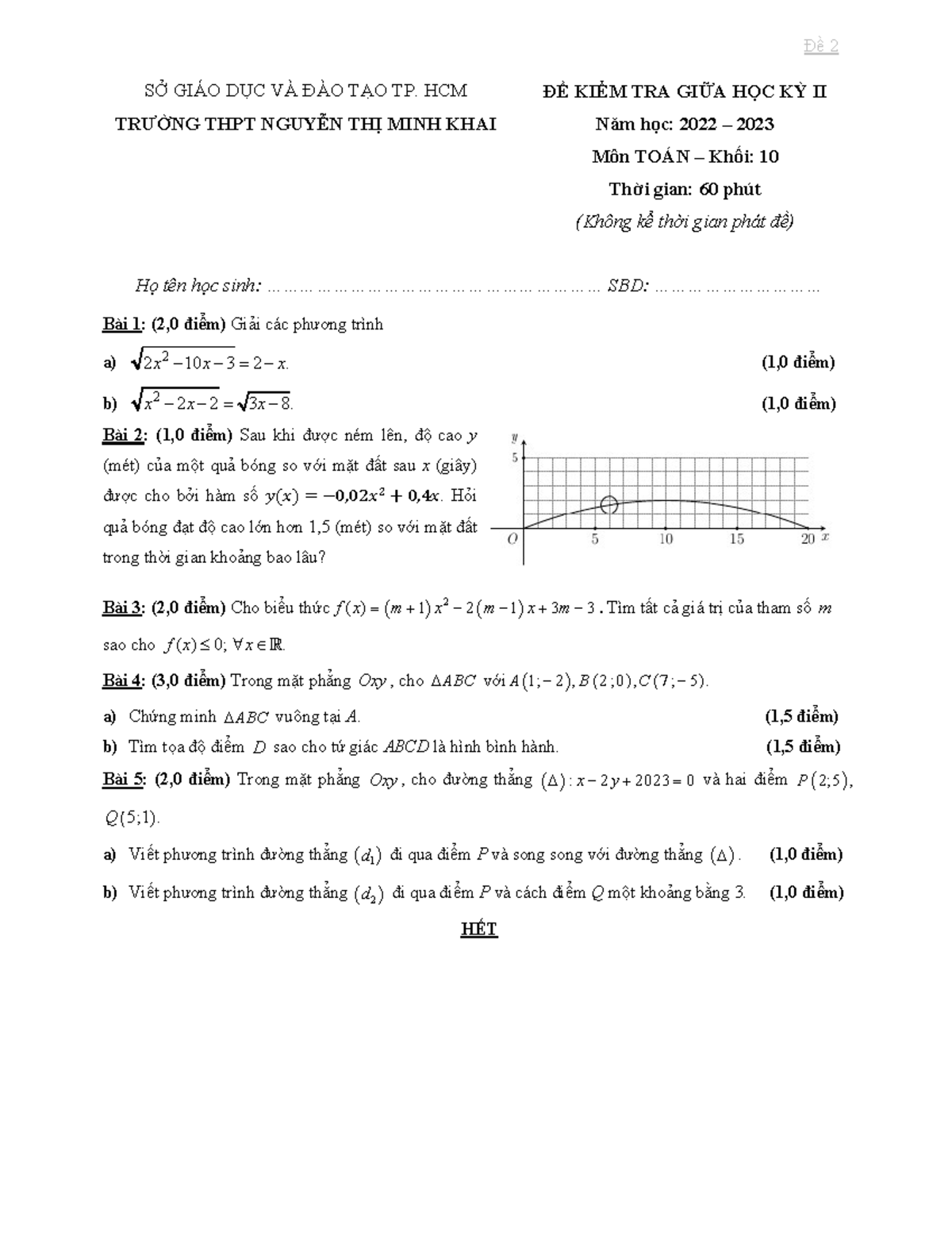 De giua ky 2 toan 10 nam 2022 2023 truong thpt nguyen thi minh khai tp hcm - Họ tên học sinh ...