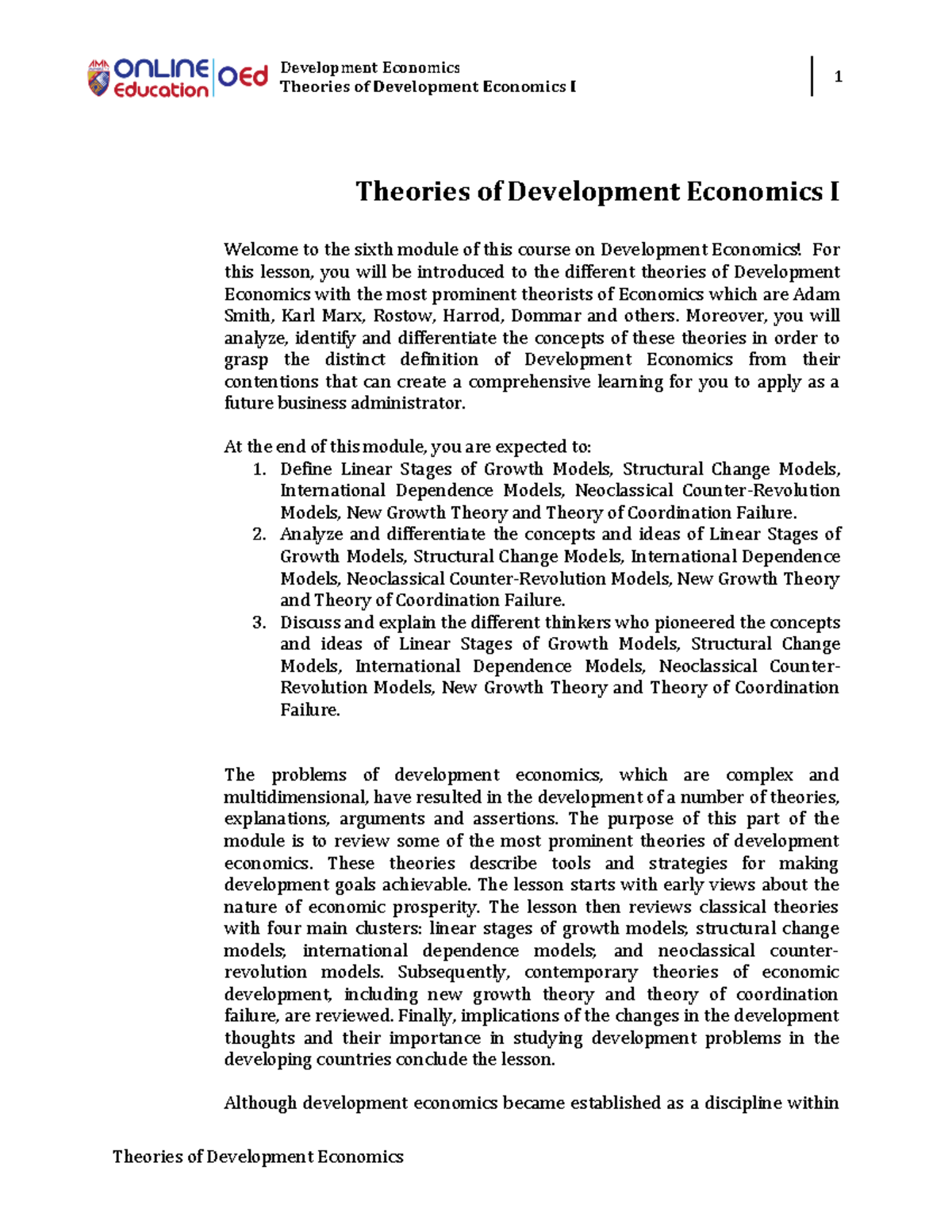 Lesson 6 - Theories of Development Economics (First Part) - Theories of ...