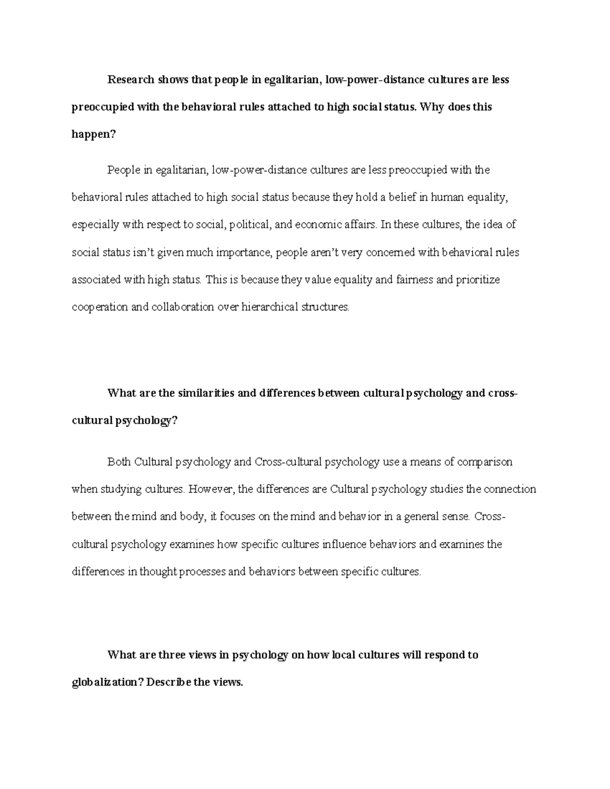 1-2 Short Answers - Research shows that people in egalitarian, low ...