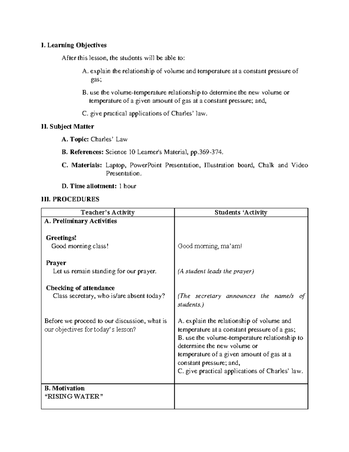 Charles Law - sample - I. Learning Objectives After this lesson, the ...