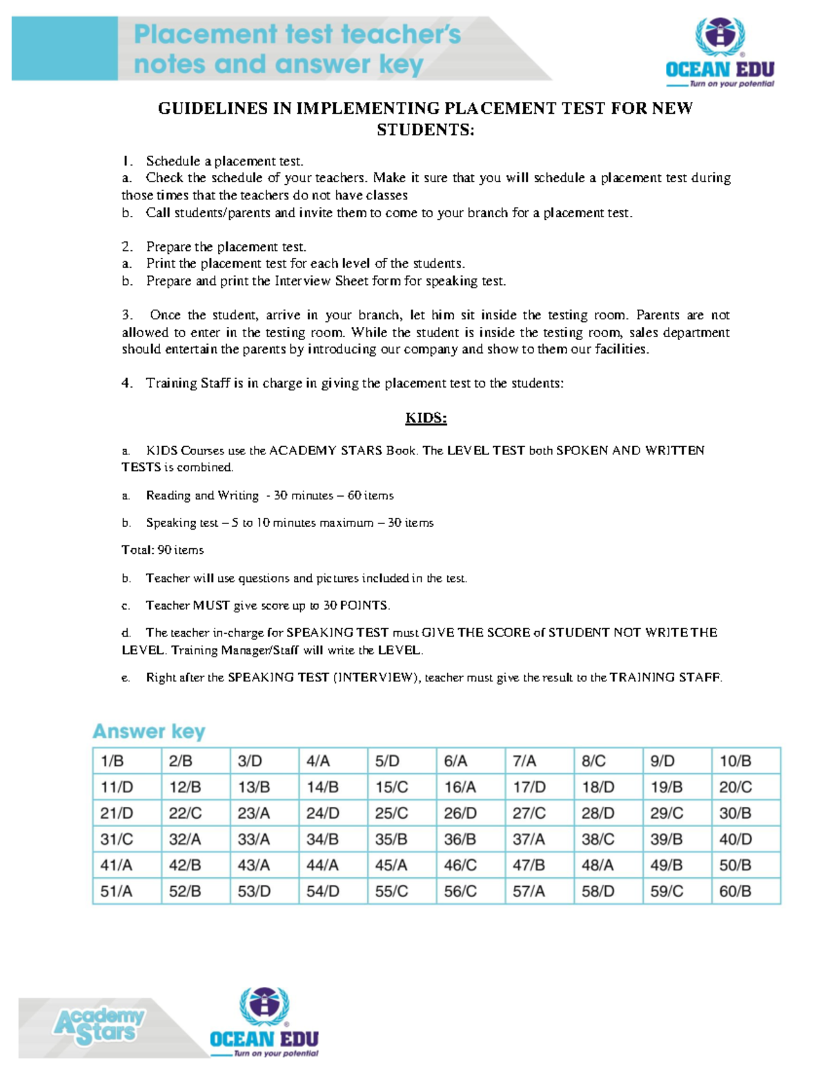 Placement Test - KIDS NEW - GUIDELINES IN IMPLEMENTING PLACEMENT TEST ...