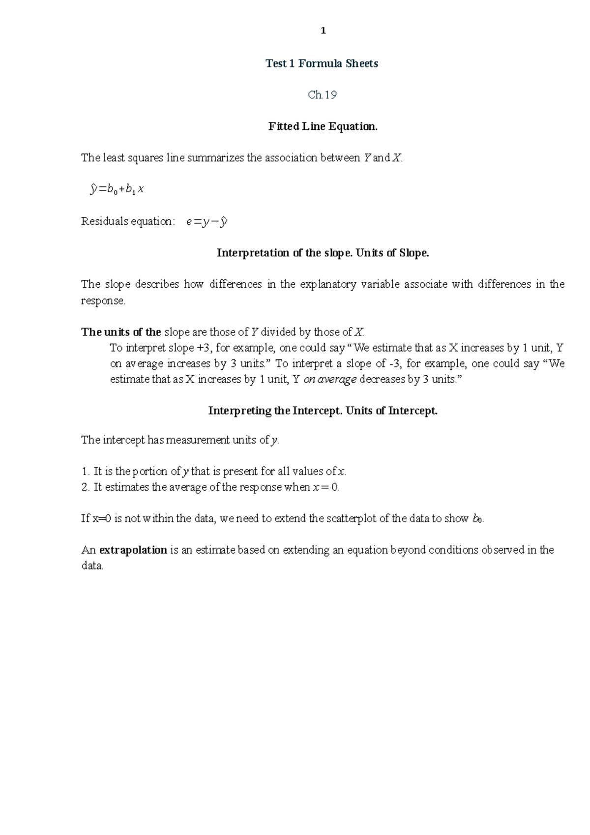 Test 1 Formula Sheet Test 1 Formula Sheets Ch Fitted Line Equation