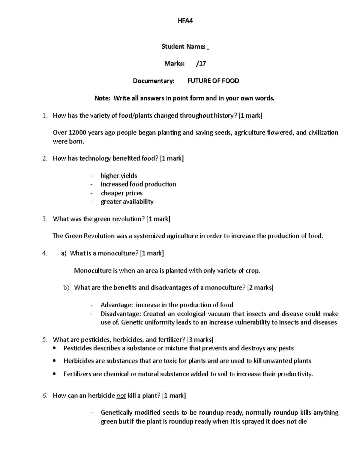 Future OF FOOD worksheet - HFA Student Name: Marks: / Documentary ...