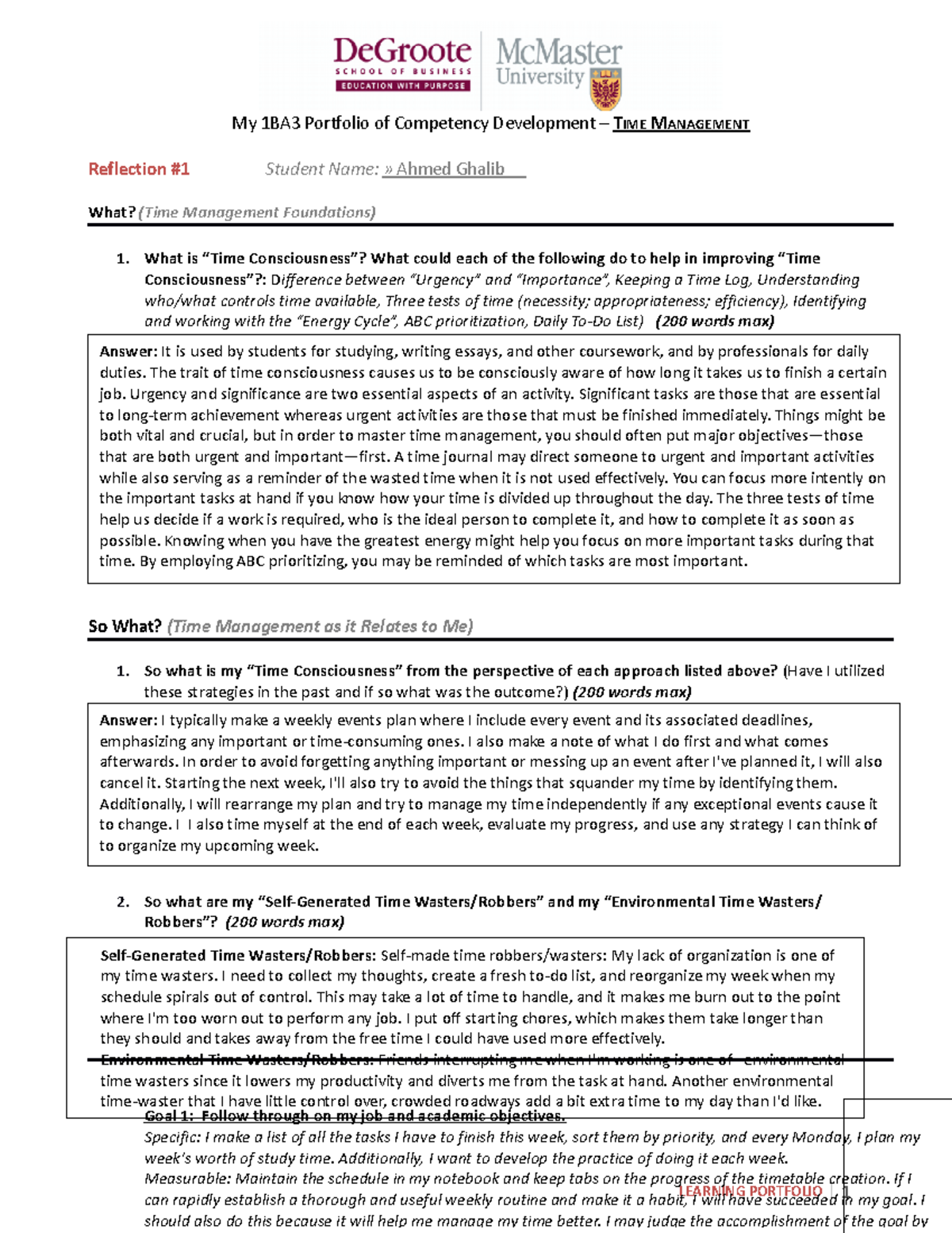 LP Reflection #1 - 1BA3 - Time Management - Fall 2022 - My 1BA3 Portfolio of Competency ...