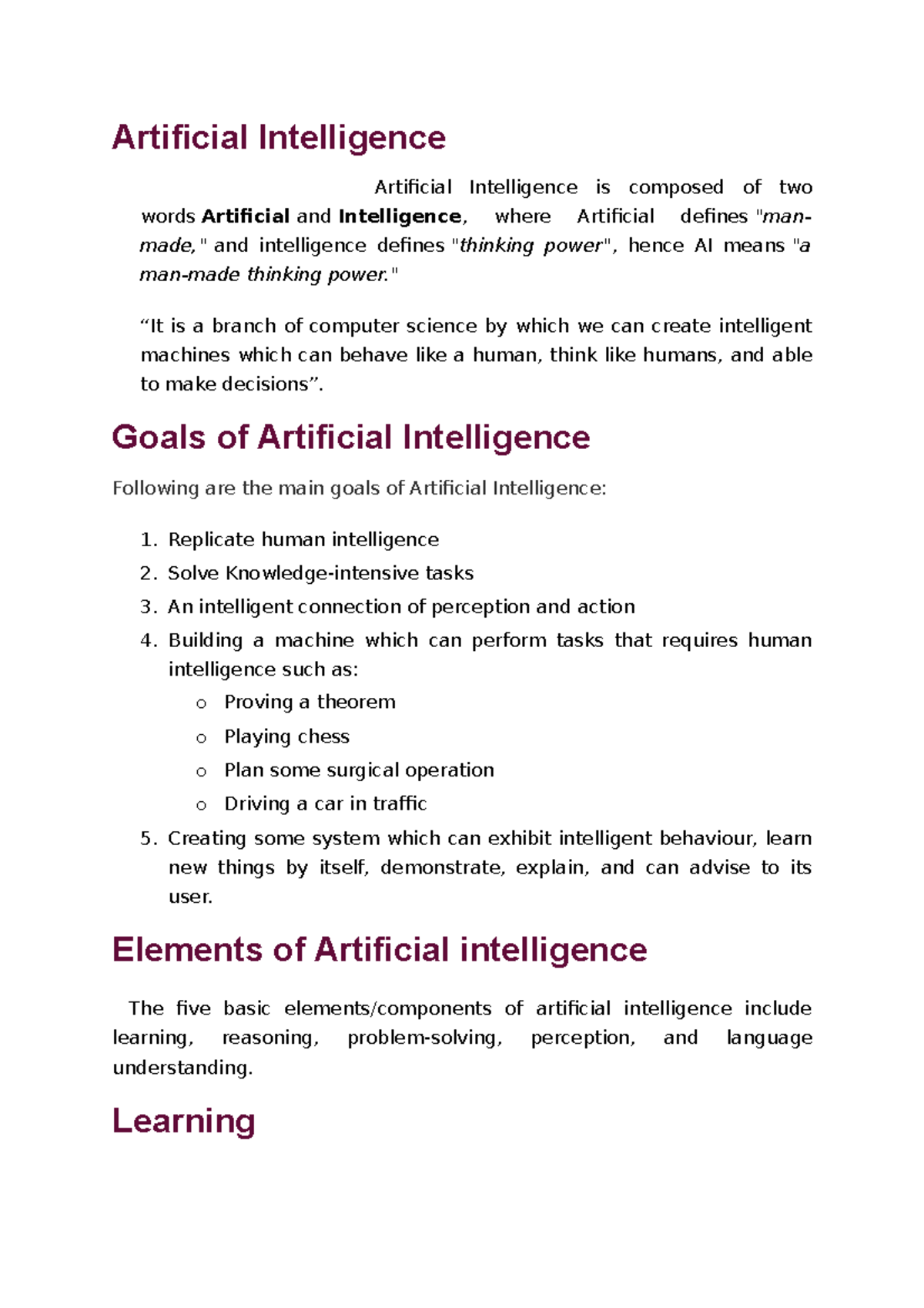 Artificial Intelligence 1 - Artificial Intelligence Artificial ...