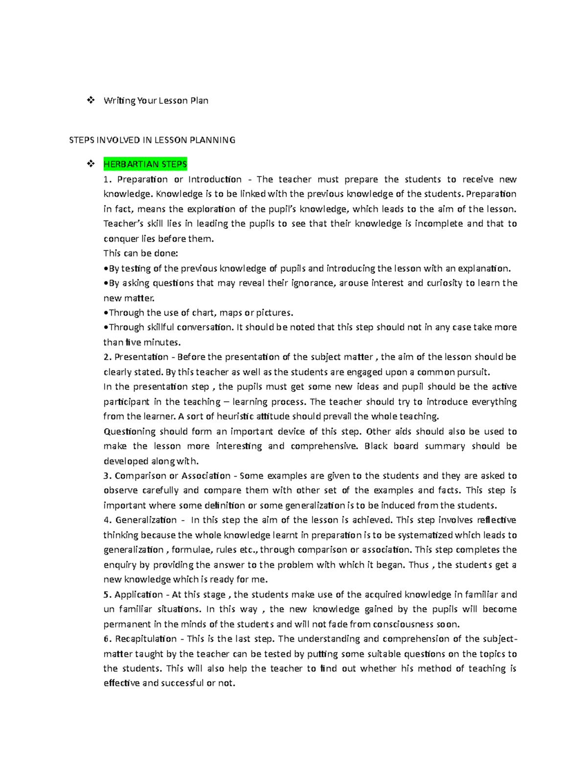 Outline - Writing Your Lesson Plan STEPS INVOLVED IN LESSON PLANNING ...