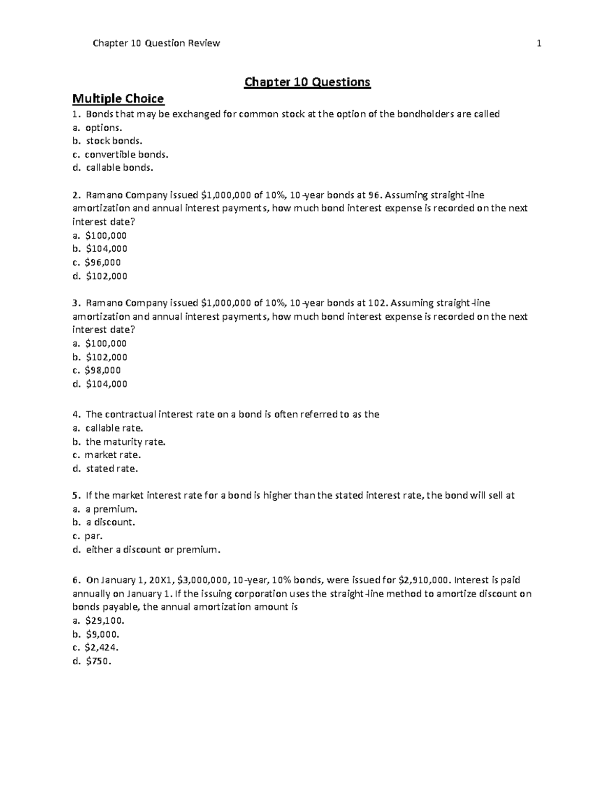 Chapter 10 Question Review - ACCT 315 - Studocu