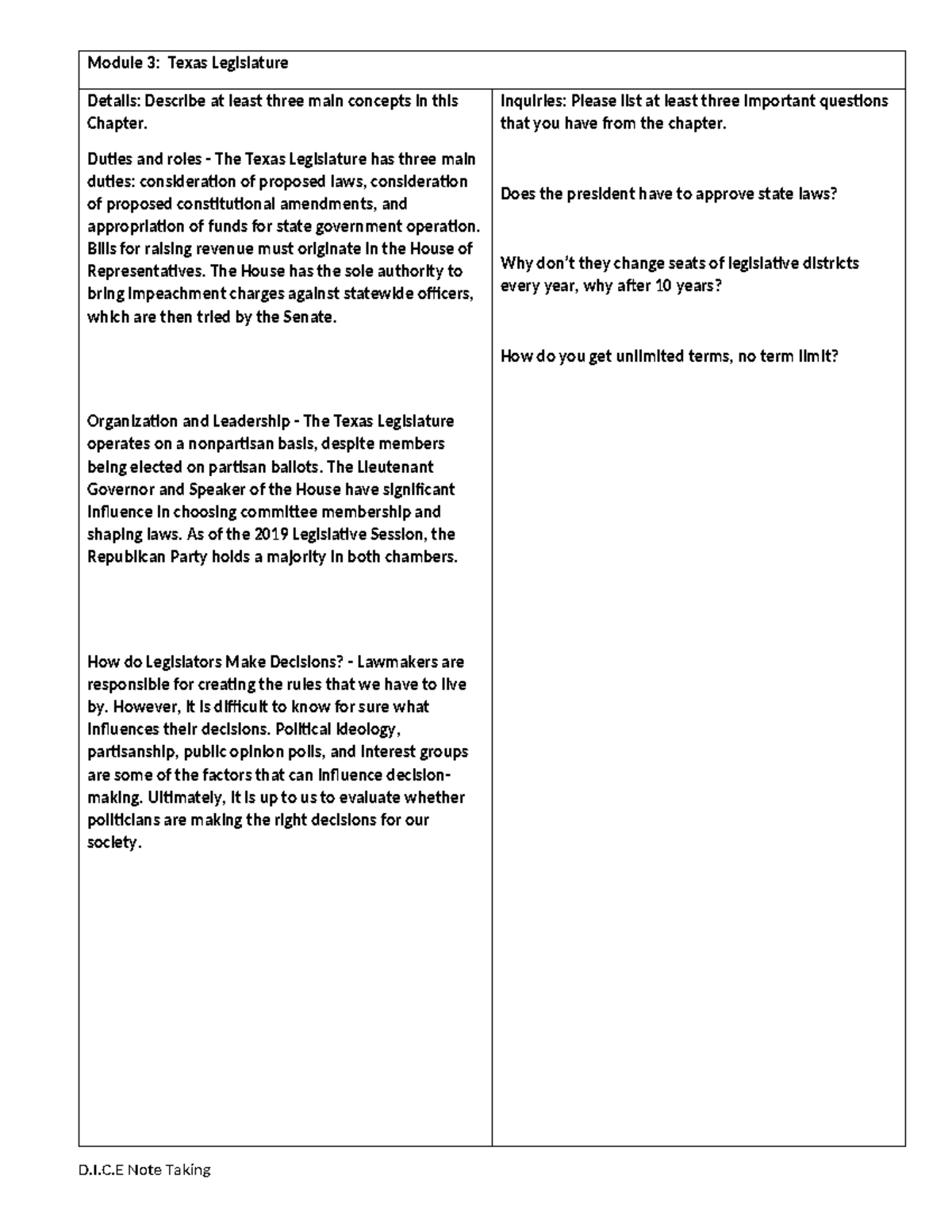 DICE Notes-Module 3 - dice notes - Module 3: Texas Legislature Details ...
