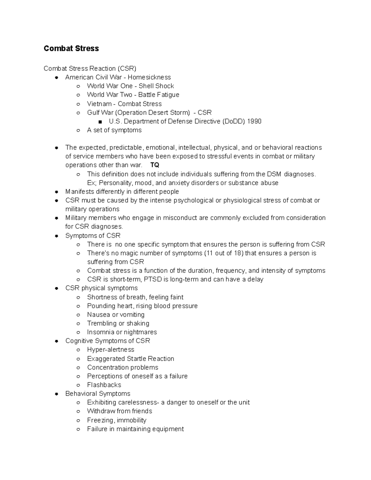 Military Psychology lecture notes - Combat Stress Combat Stress ...