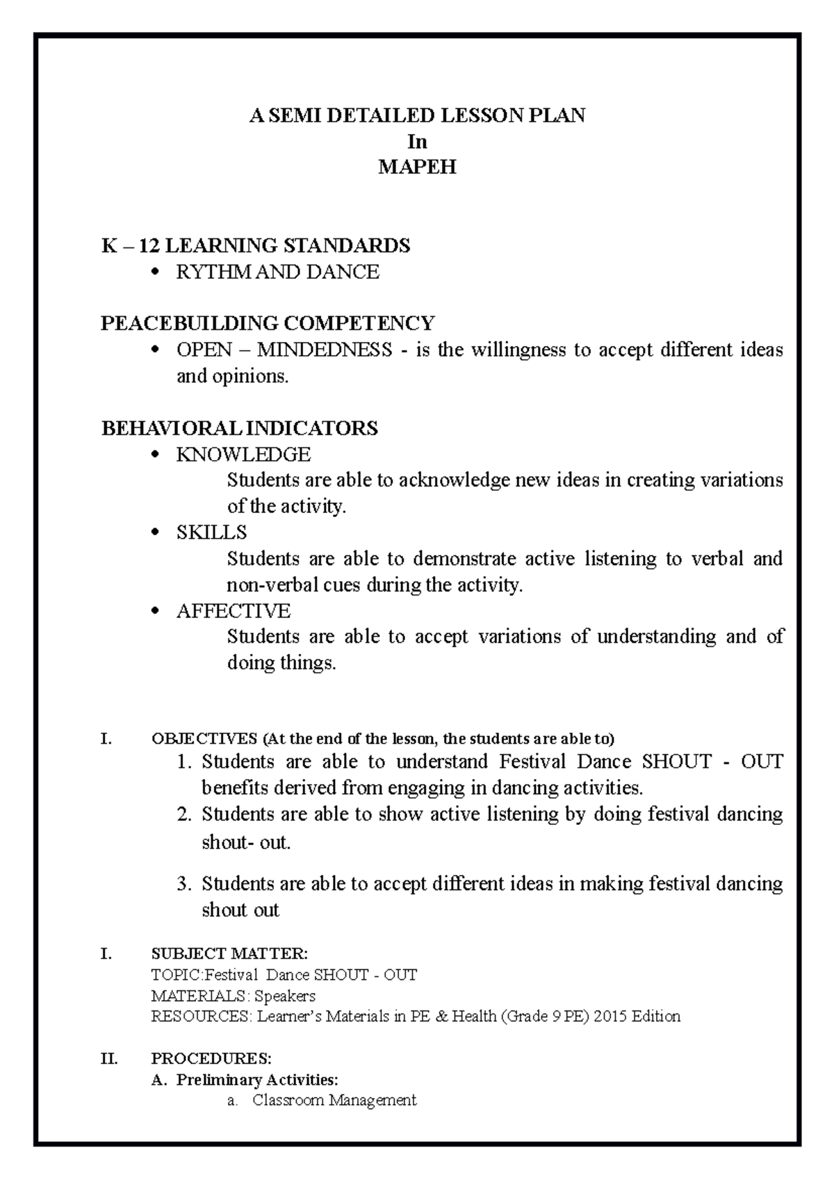 OPEN Minded - njxchcj - A SEMI DETAILED LESSON PLAN In MAPEH K – 12 ...