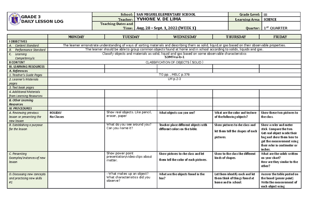 DLL Science 3 Q1 W1-5 - GRADE 3 DAILY LESSON LOG School: SAN MIGUEL ...