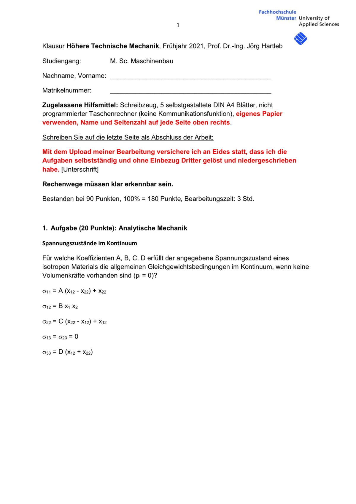 HTM-Klausur-2021 - Wintersemester - Höhere Technische Mechanik - Studocu