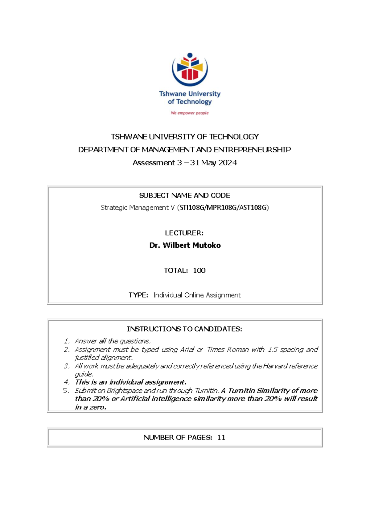 Assessment 3 STI108G Indiv Assessment - ]] TSHWANE UNIVERSITY OF ...