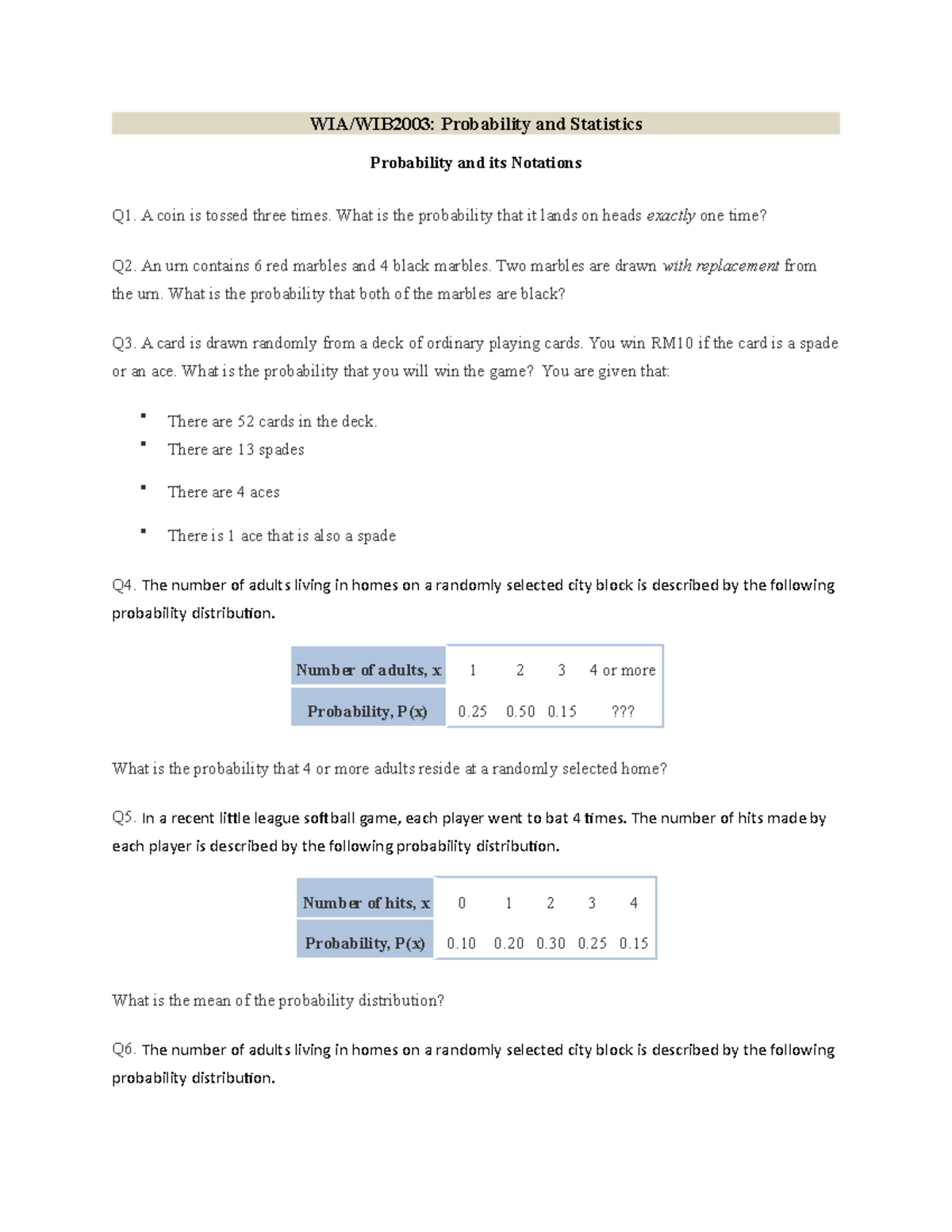 Tutorial 1 - Probability and its notations - WIA/WIB2003: Probability ...