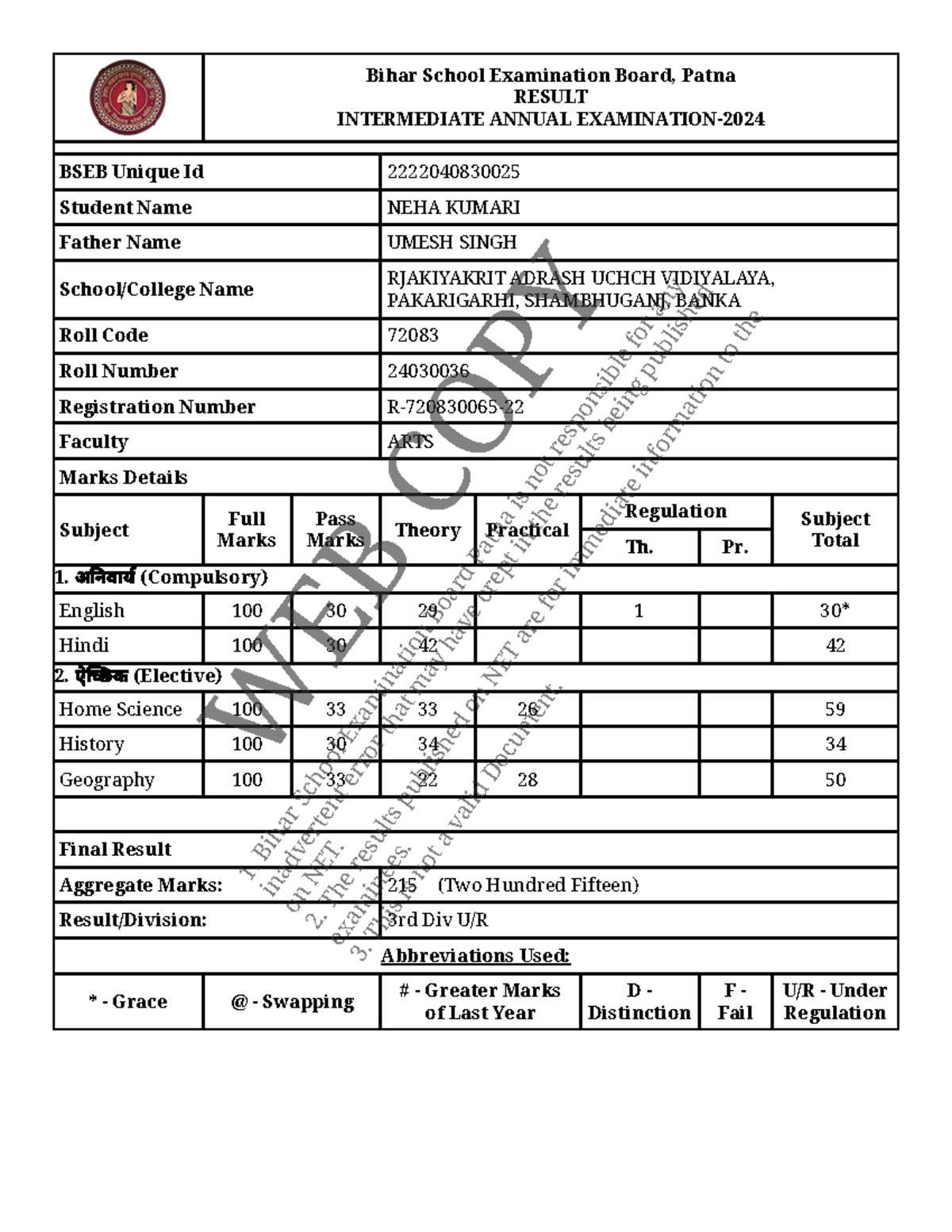 About blank - Bihar School Examination Board, Patna RESULT INTERMEDIATE ...