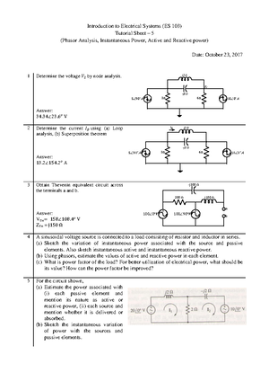 Tutorial Sheet-2, ES 103 - Introduction to Electrical Systems (ES 103) Tutorial Sheet – 2 ...