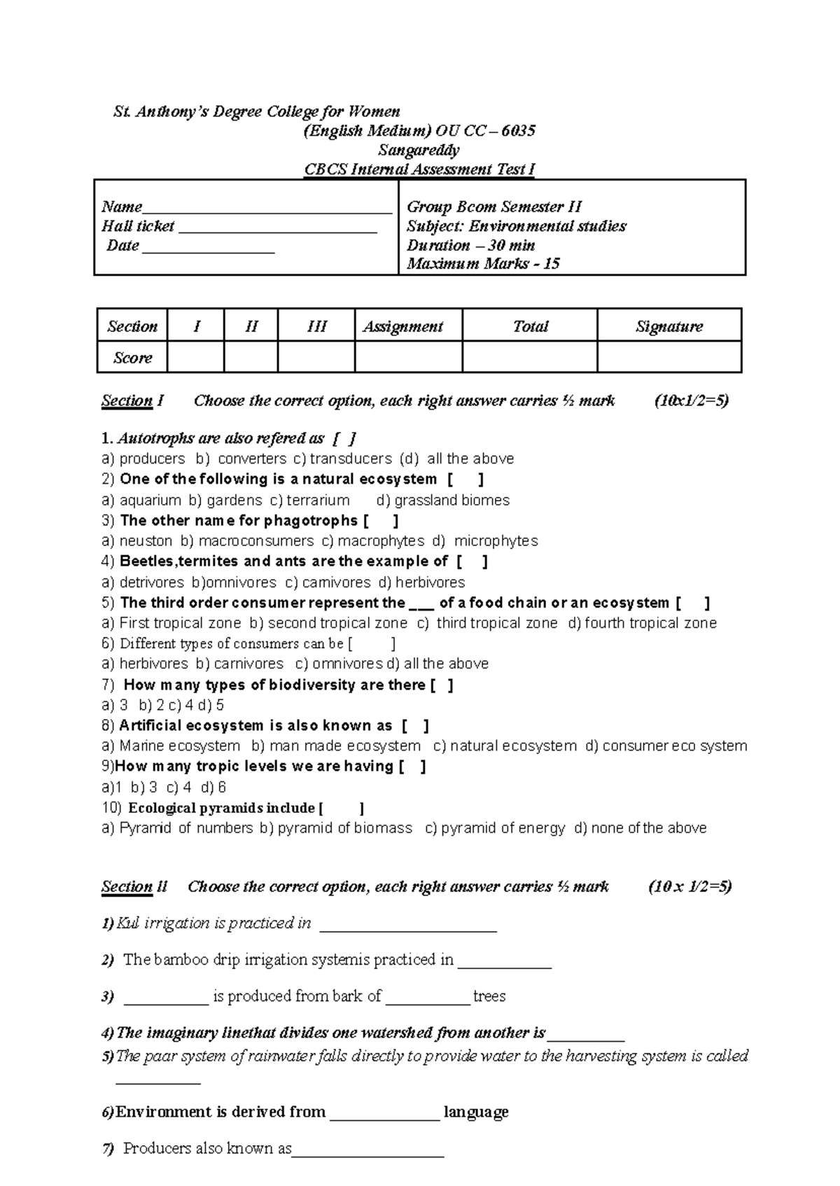 Evs 2nd - Question paper - St. Anthony’s Degree College for Women ...
