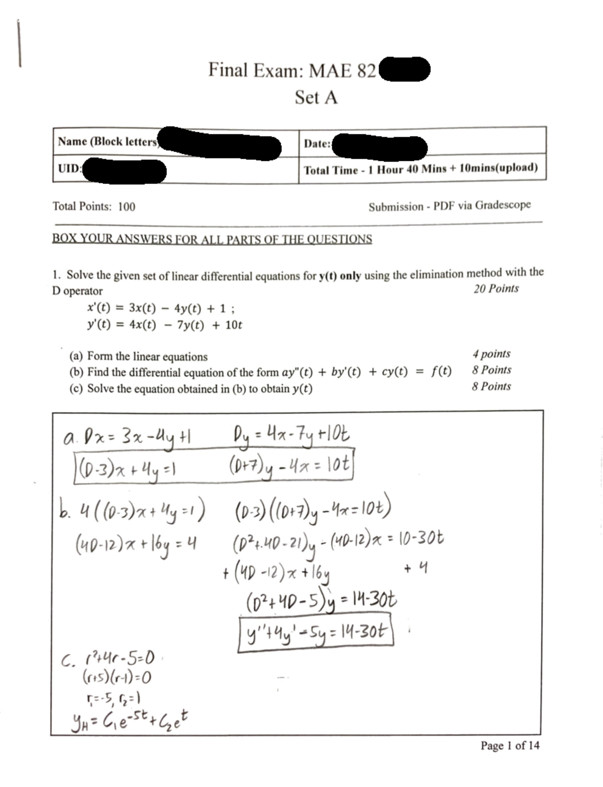 Final Exam submission - Final Exam: MAE 82 Set A Name (Block letters ...