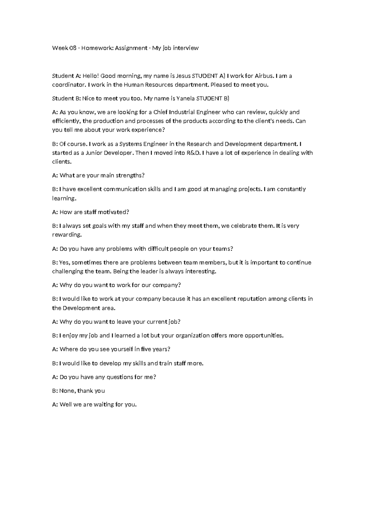 Week 08 Task Assignment My job interview - Week 08 - Homework ...