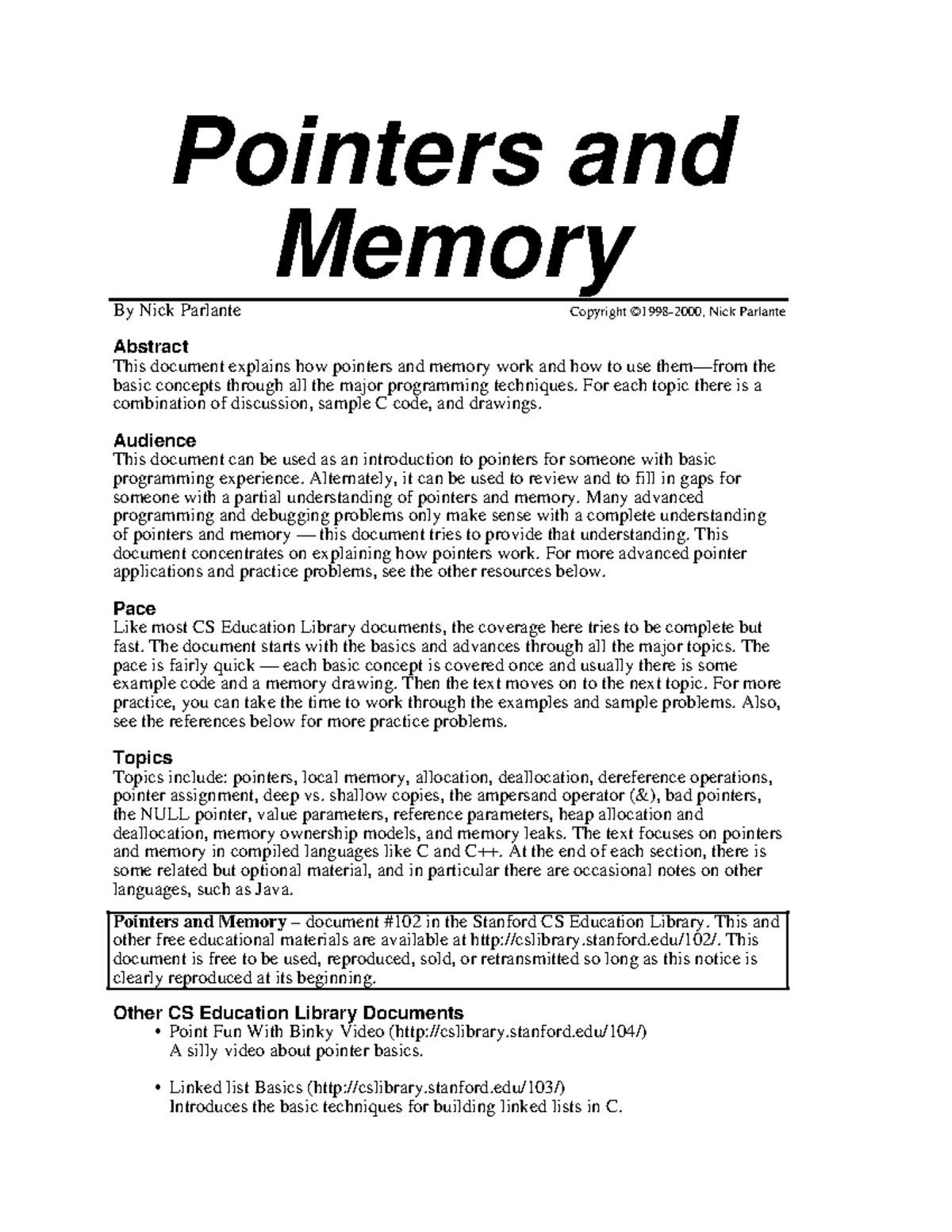 Pointers And Memory - Pointers and Memory By Nick Parlante Copyright ...