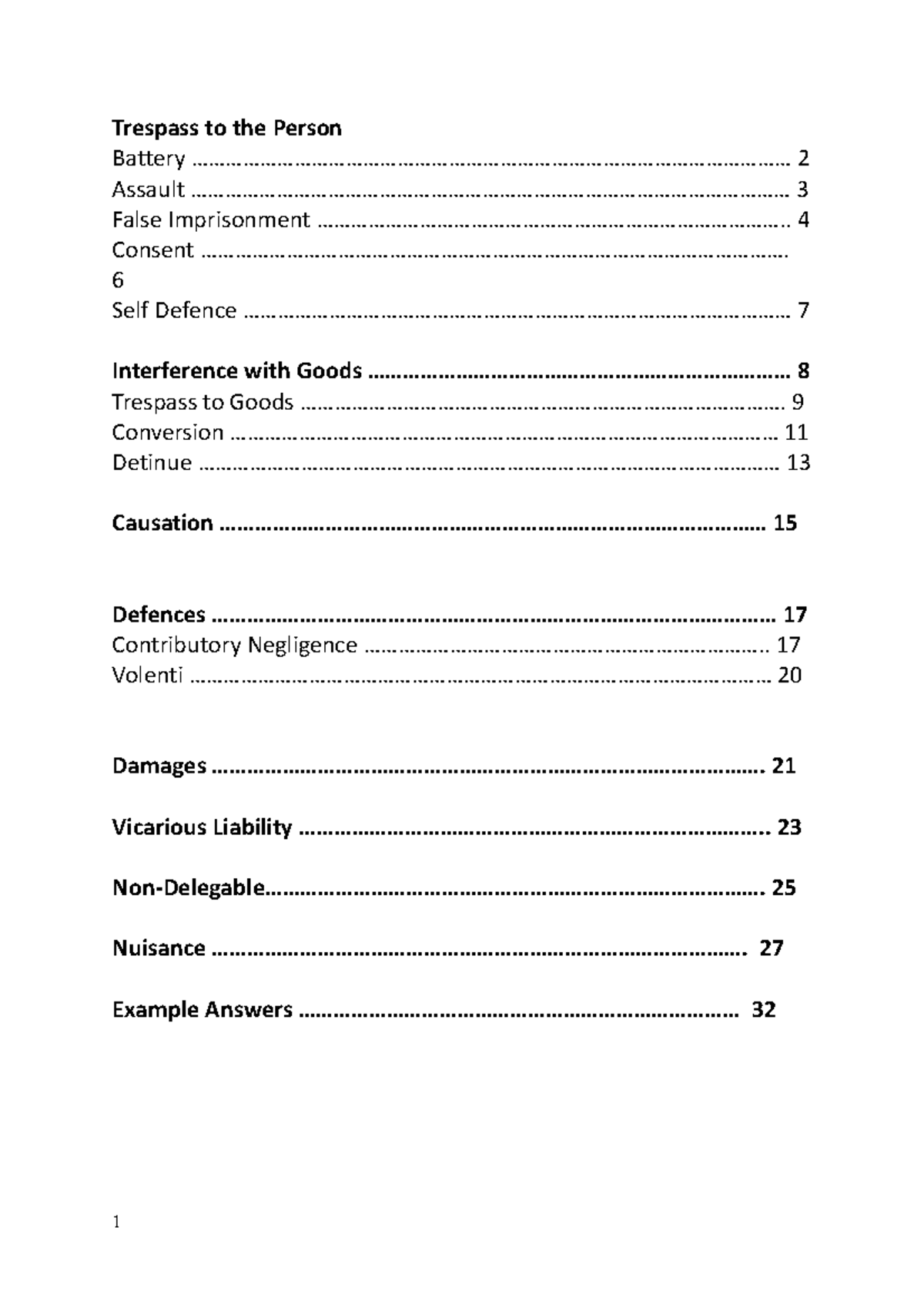 Exam Booklet Notes - Trespass to the Person Battery Assault False ...