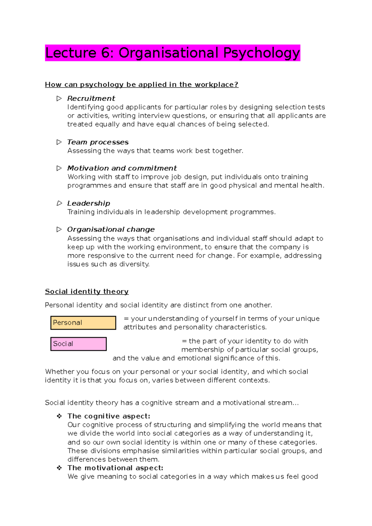 Lecture 6- Organisational Psychology - Team processes Assessing the ...