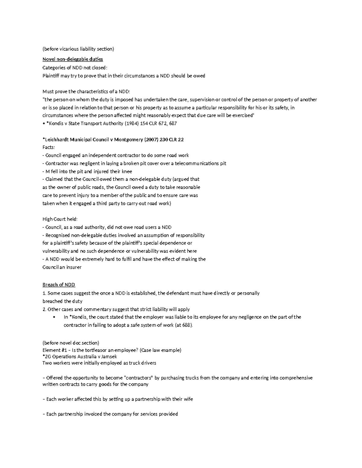 Week 4 lecture material - (before vicarious liability section) Novel non-delegable duties ...