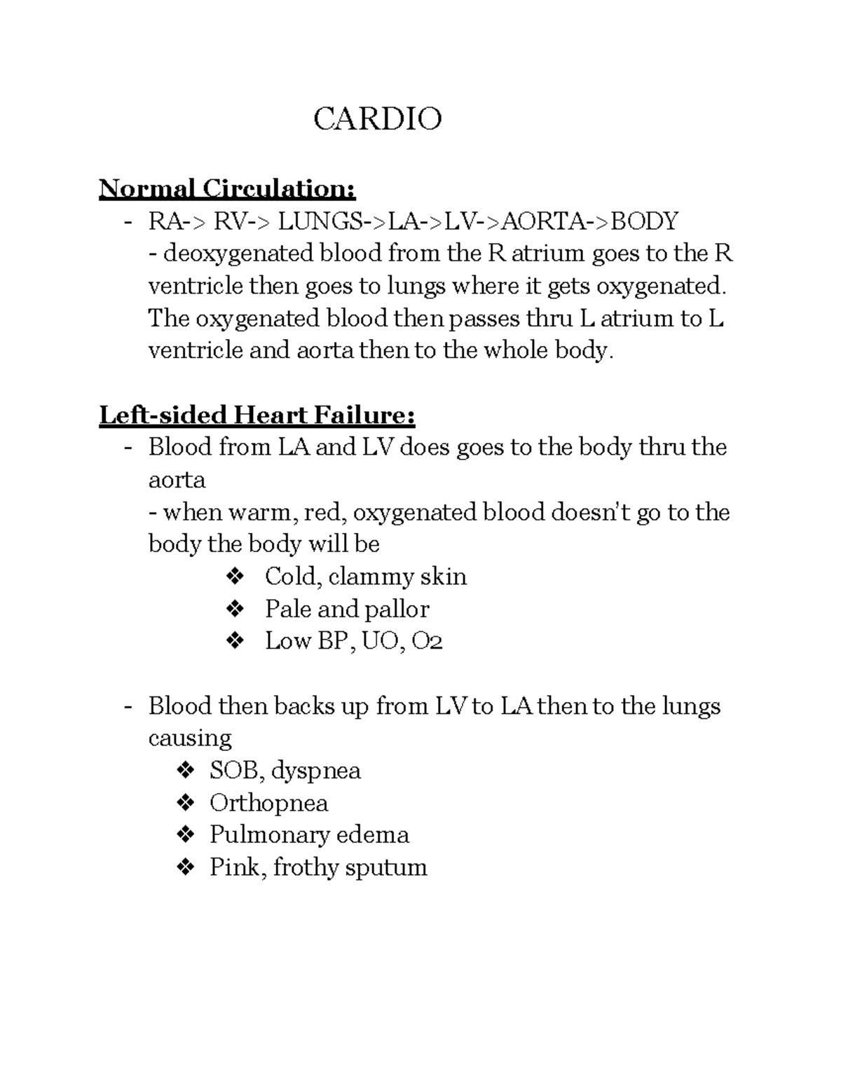 Cardio - CARDIO Normal Circulation: - RA-> RV-> LUNGS->LA->LV->AORTA->BODY - - Studocu