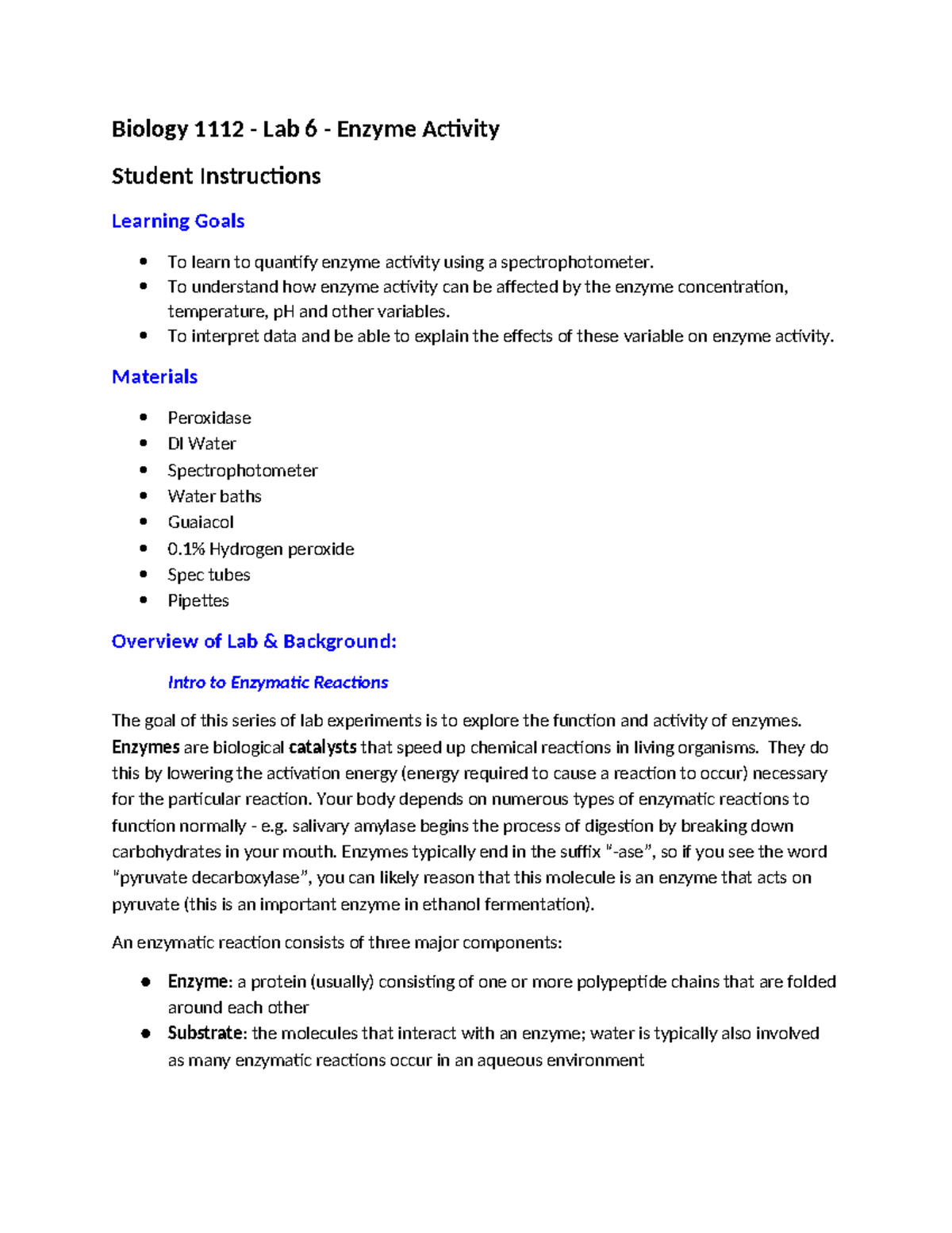 Enzyme LAB DATA - Biology 1112 - Lab 6 - Enzyme Activity Student ...