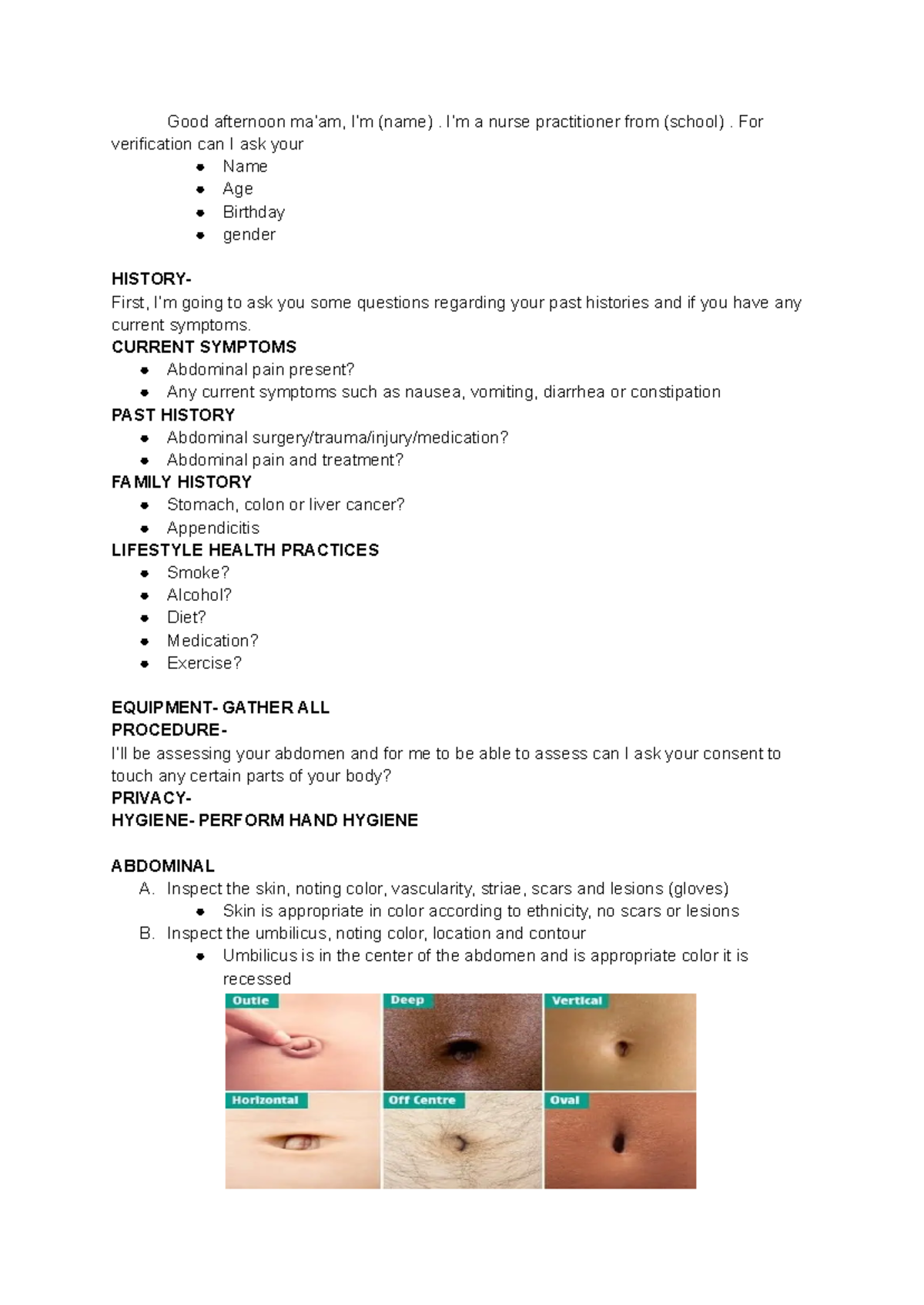 Abdomen Assessment Script - Good afternoon ma’am, I’m (name). I’m a ...