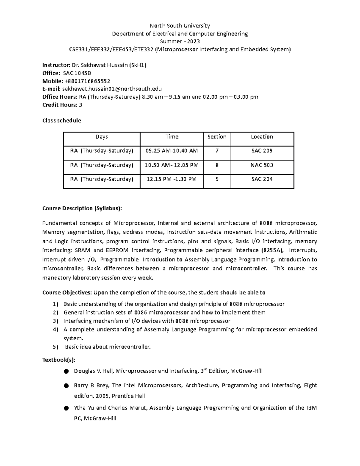 Cse 331 Eee 332 Course Outline Summer 2023 North South University Department Of Electrical And