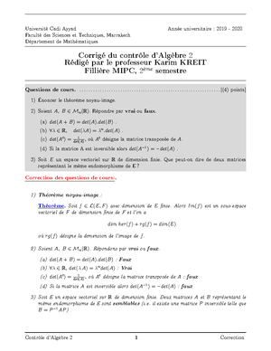 Chapitre 1 - cour et exercice - Facult ́e des Sciences Ann ́ee : 2020- et Techniques - Marrakech ...