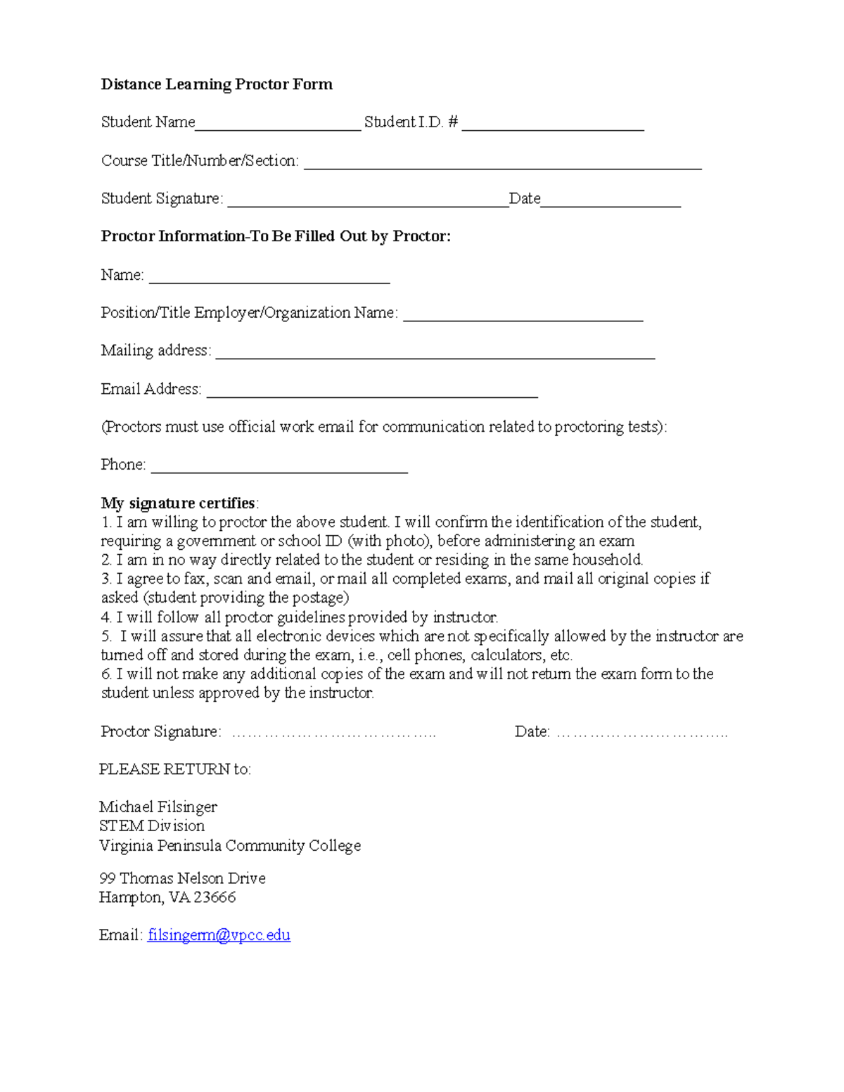 Proctor Request Form - notes - PLEASE RETURN to: Michael Filsinger STEM ...