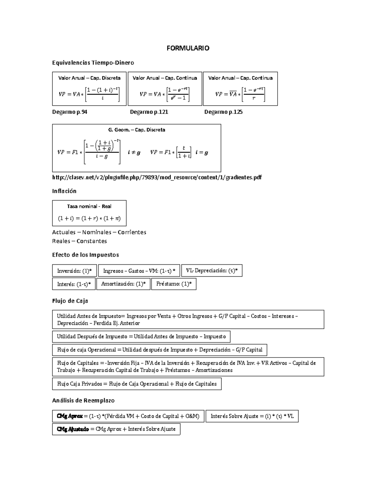Formulario_ing_economica - FORMULARIO Equivalencias Tiempo-Dinero Degarmo p Degarmo p Degarmo p ...