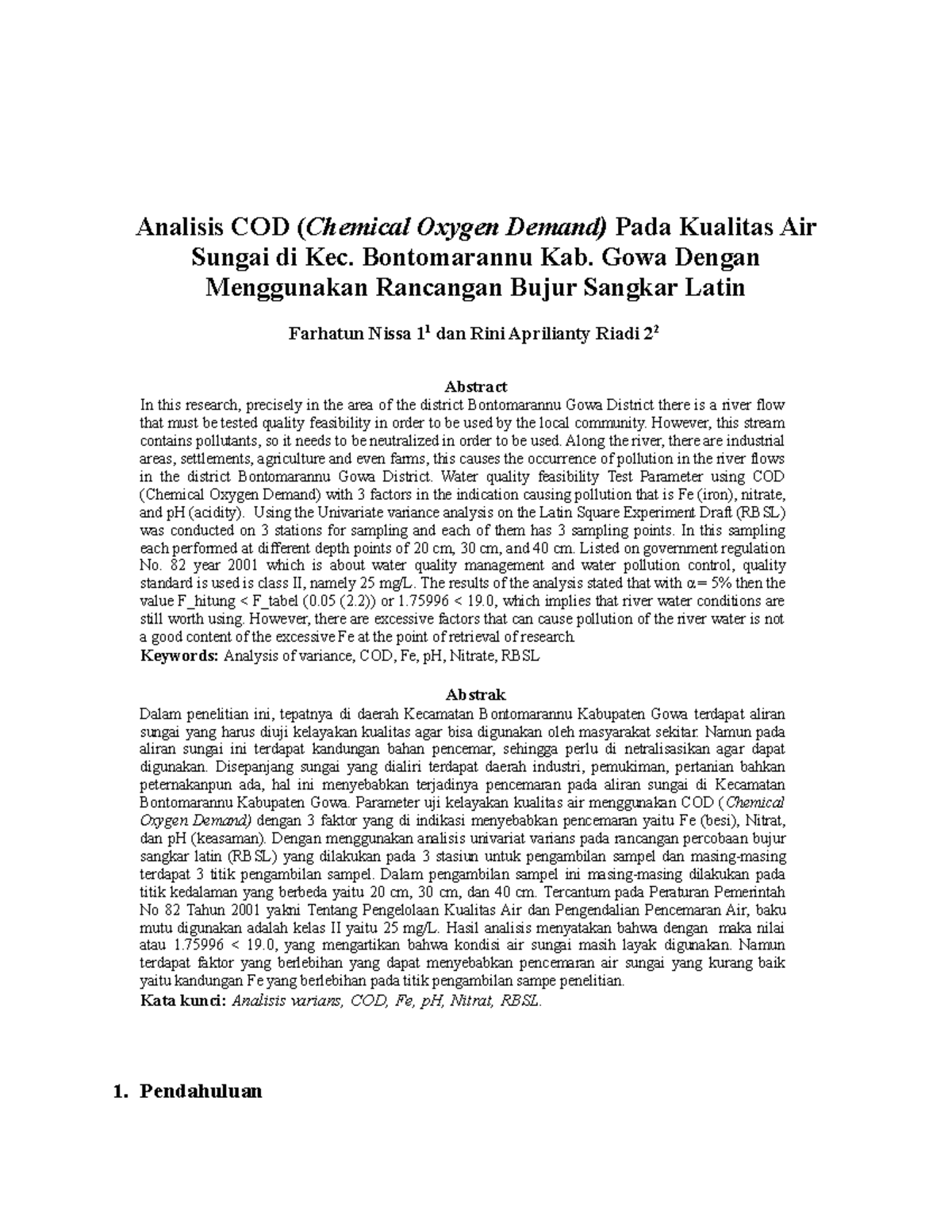 Paper Rancangan Percobaan - Analisis COD (Chemical Oxygen Demand) Pada Kualitas Air Sungai di ...