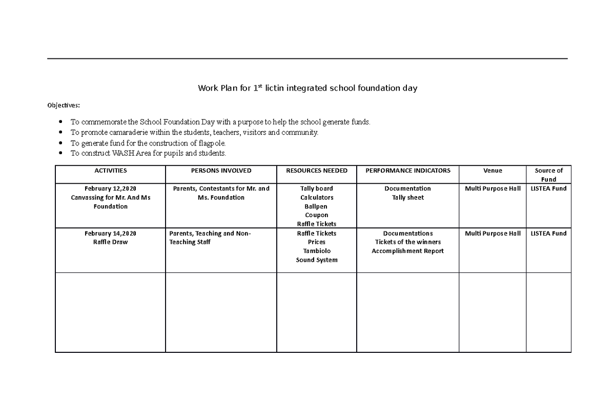 Work Plan For Foundation Day 2020 Work Plan For 1st Lictin Integrated