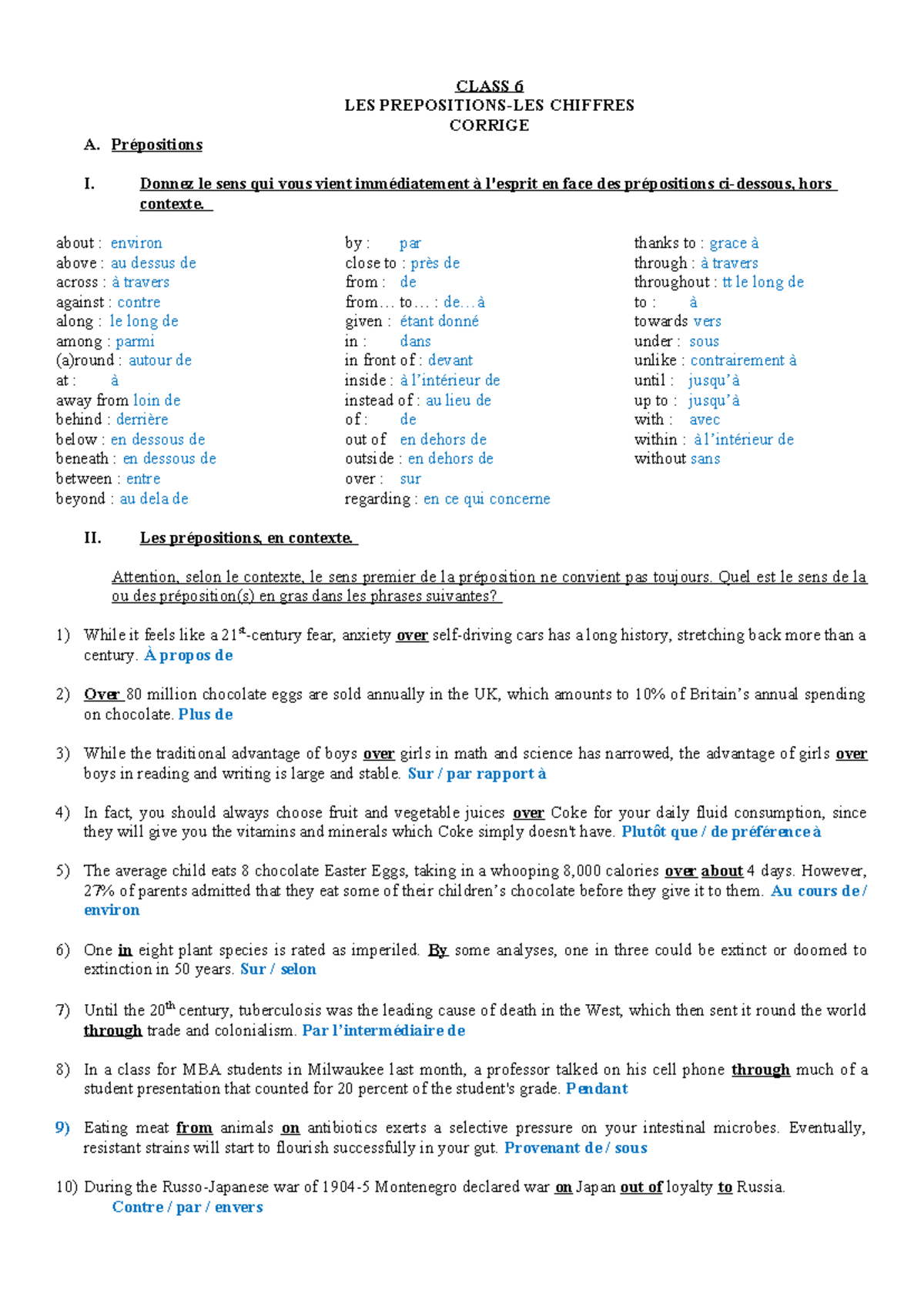 TD6 - Cours d'anglais - CLASS 6 LES PREPOSITIONS-LES CHIFFRES CORRIGE A ...
