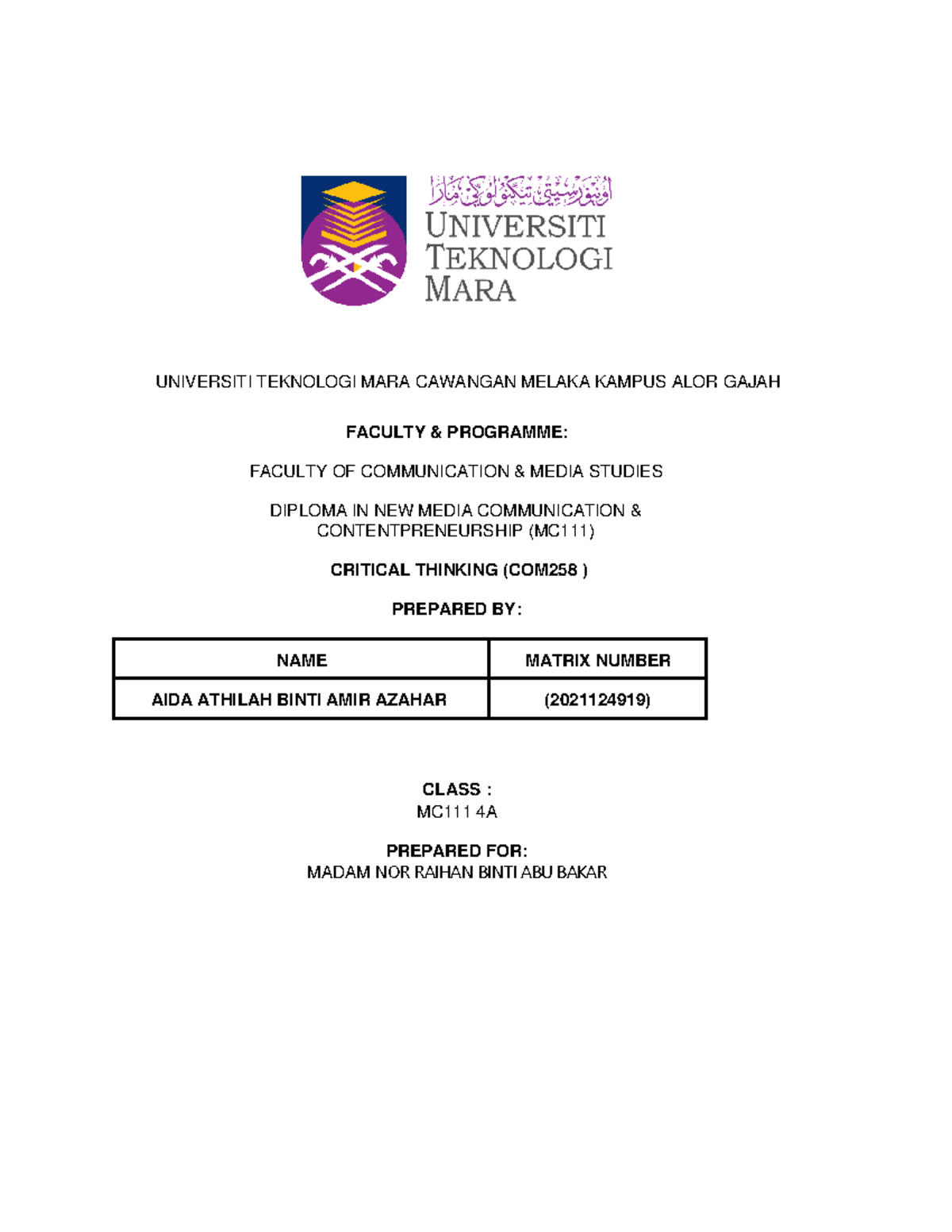 Assingment Individual Madam Raihan - UNIVERSITI TEKNOLOGI MARA CAWANGAN ...