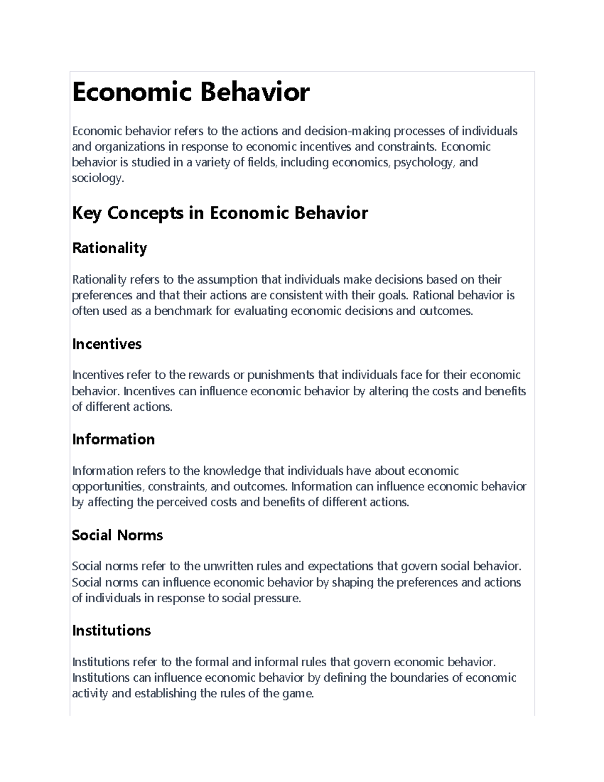 Economic Behavior - Economic Behavior Economic behavior refers to the ...