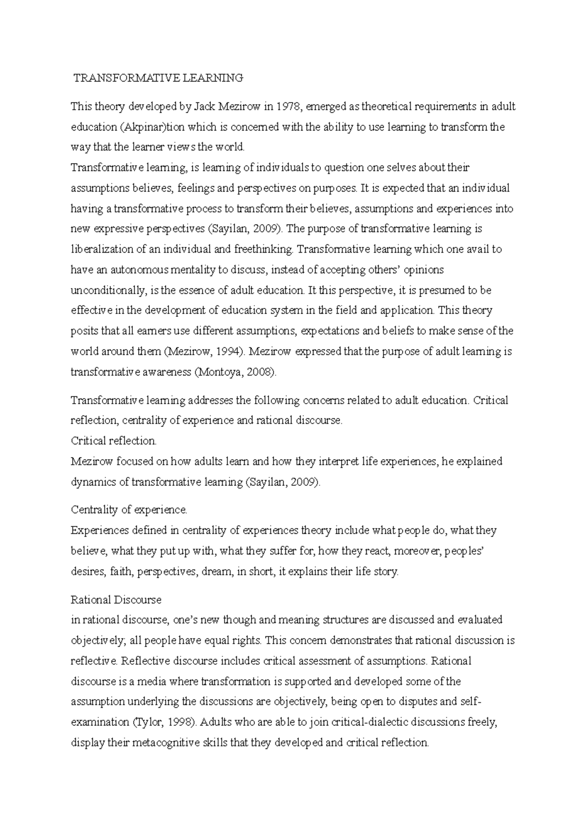 Transformative Learning - TRANSFORMATIVE LEARNING This theory developed ...